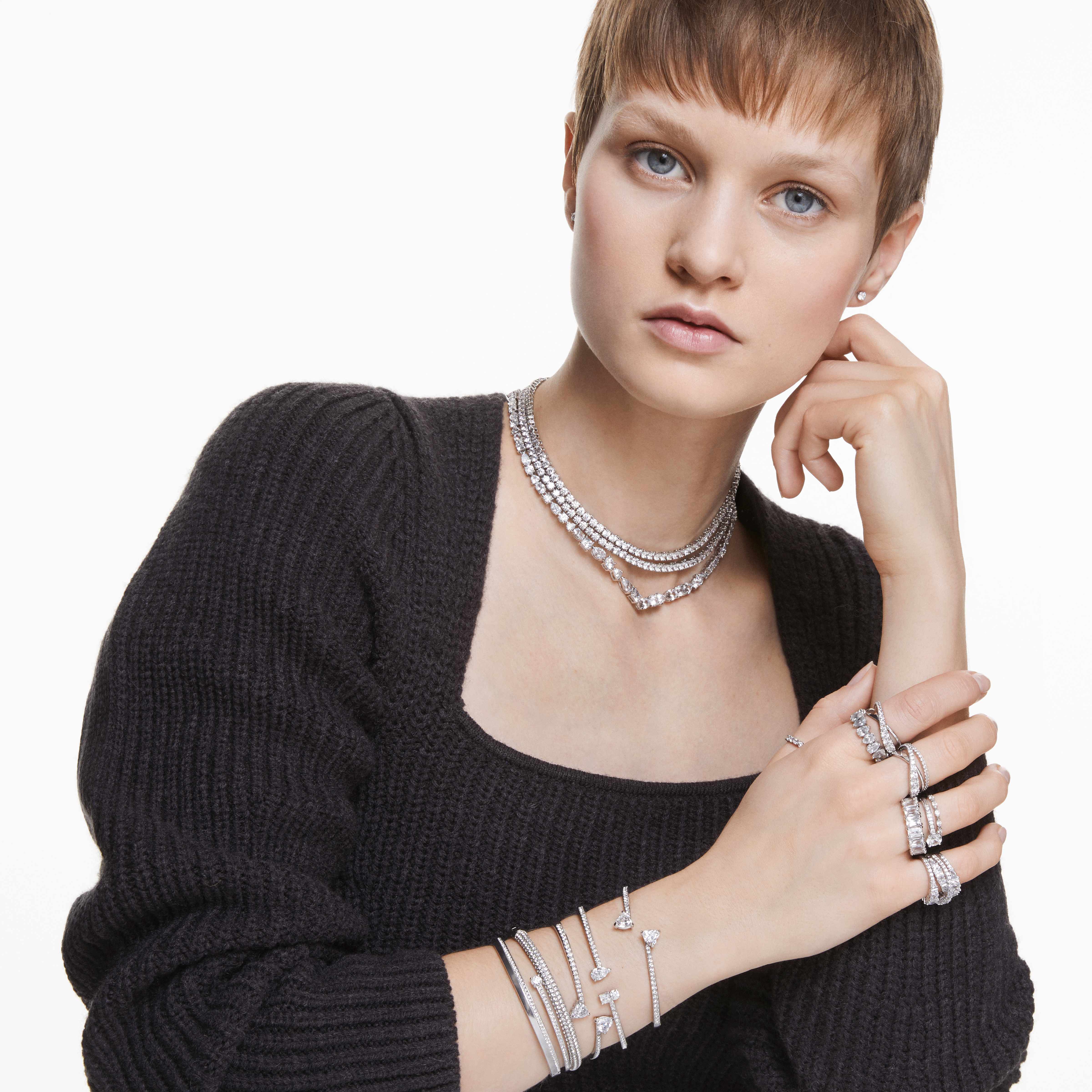 Buy Swarovski Hyperbola ring, Mixed cuts, White, Rhodium plated